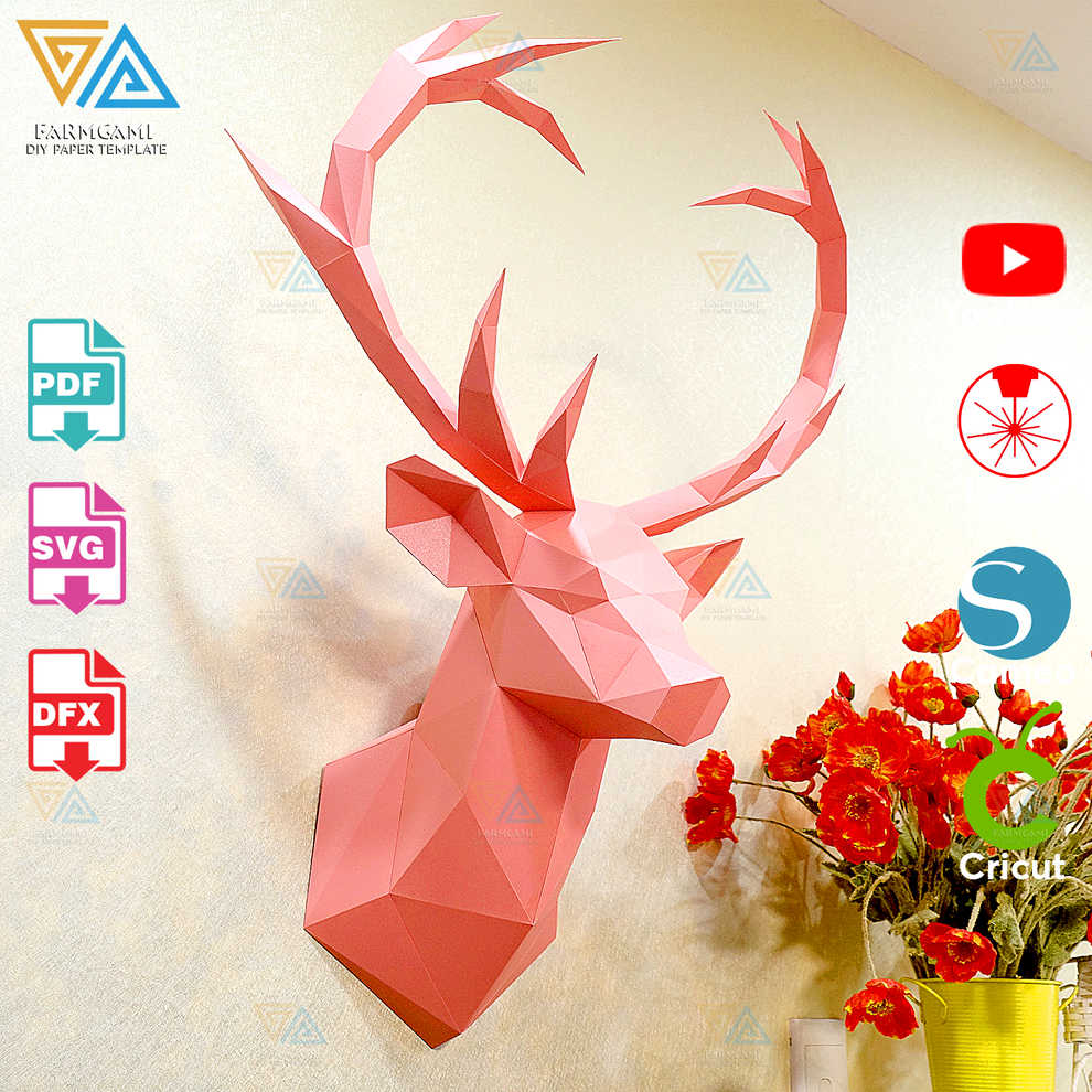 Deer Head Paper Model Template Hangging | Deer Head Paper Sculpture ...