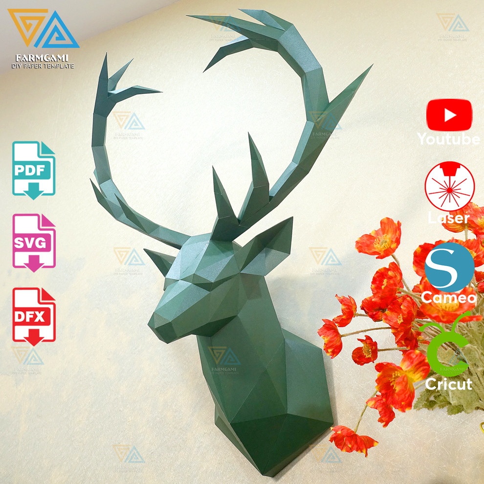 Deer Head Paper Model Template Hangging | Deer Head Paper Sculpture ...